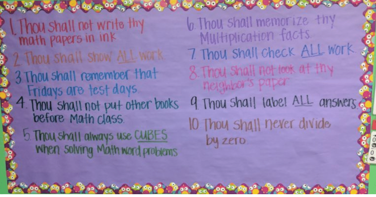 Classroom Rules Anchor Chart: 10 Rules of Math for Teacher Classroom